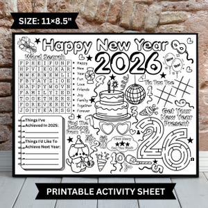 New Year 2026 Kids Activity Placemat, Happy New Year's Eve Coloring ...
