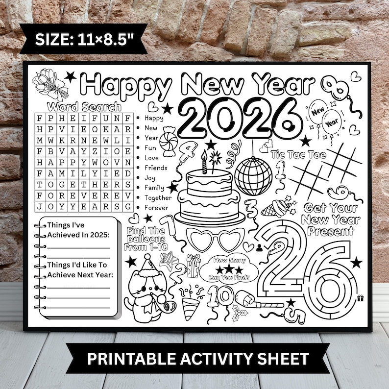New Year 2026 Kids Activity Placemat, Happy New Year's Eve Coloring ...