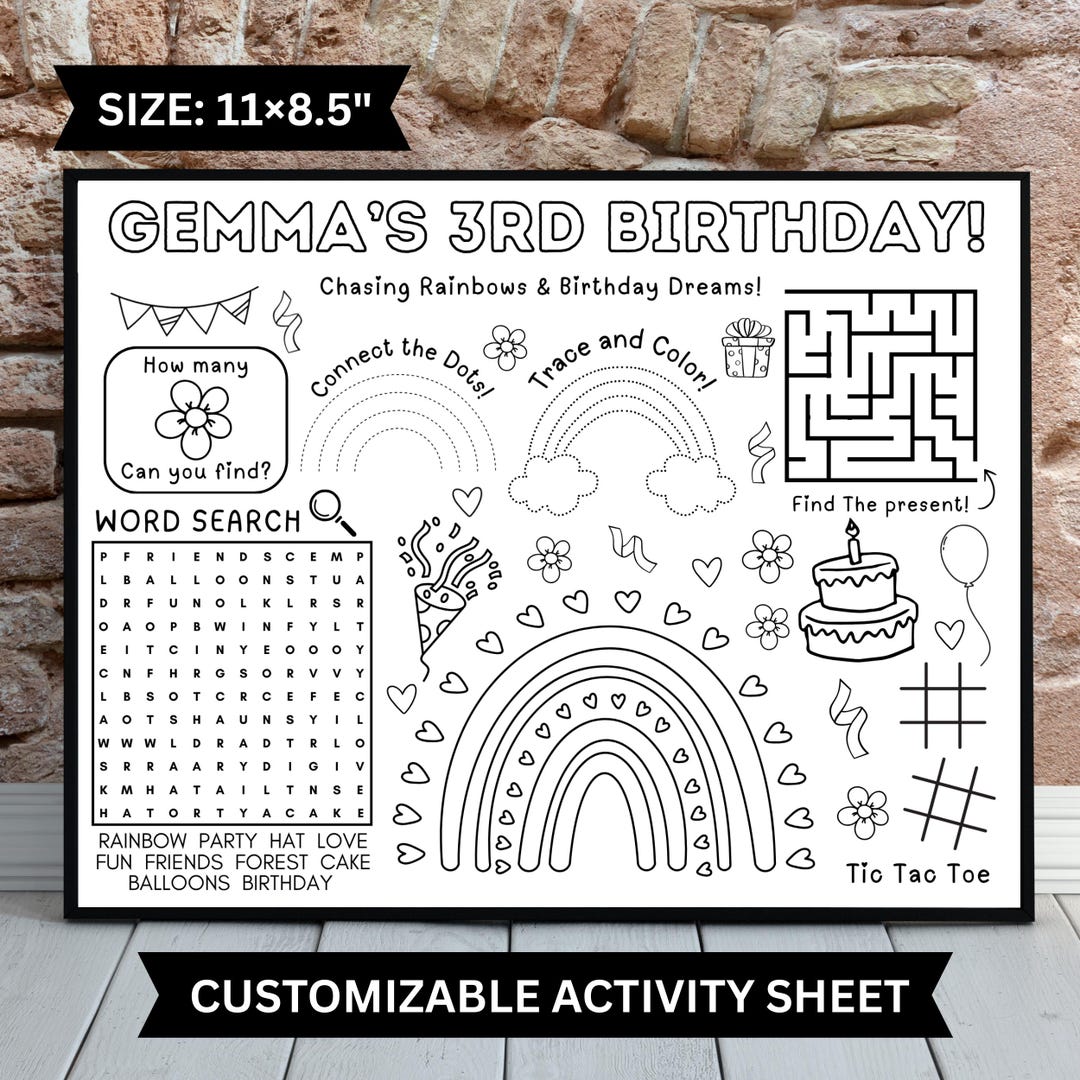 Boho Rainbow Birthday Activity Sheet | Kids Party Favor, Coloring Page ...