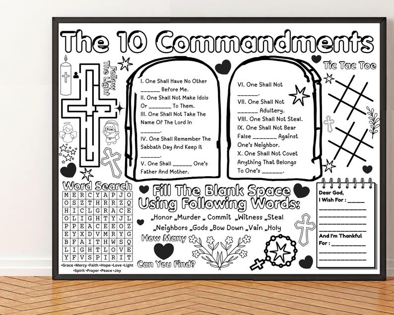 Ten Commandments Activity Placemat, Bible Coloring Page (digital ...