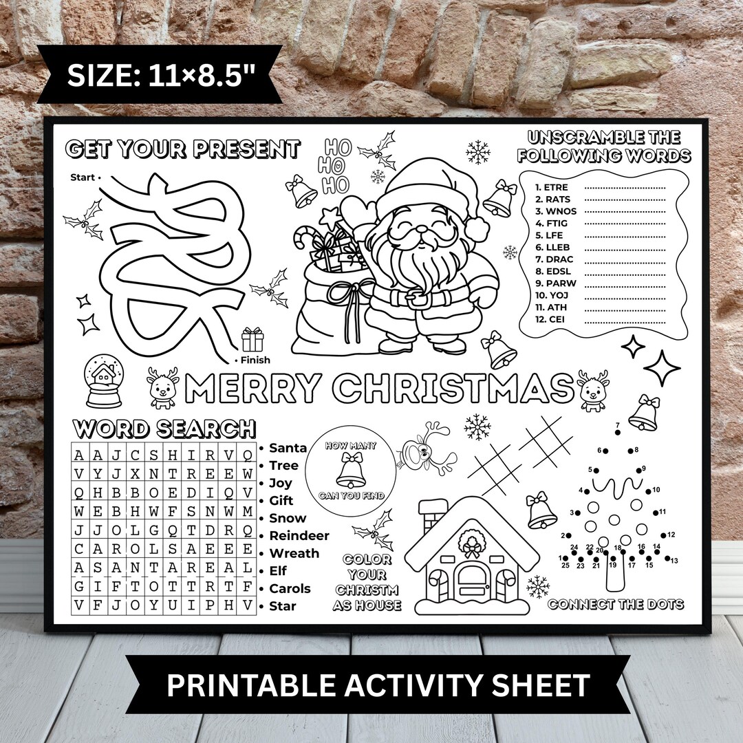 Christmas Activity Placemat, Holiday Coloring Page, Activity Sheet - Etsy