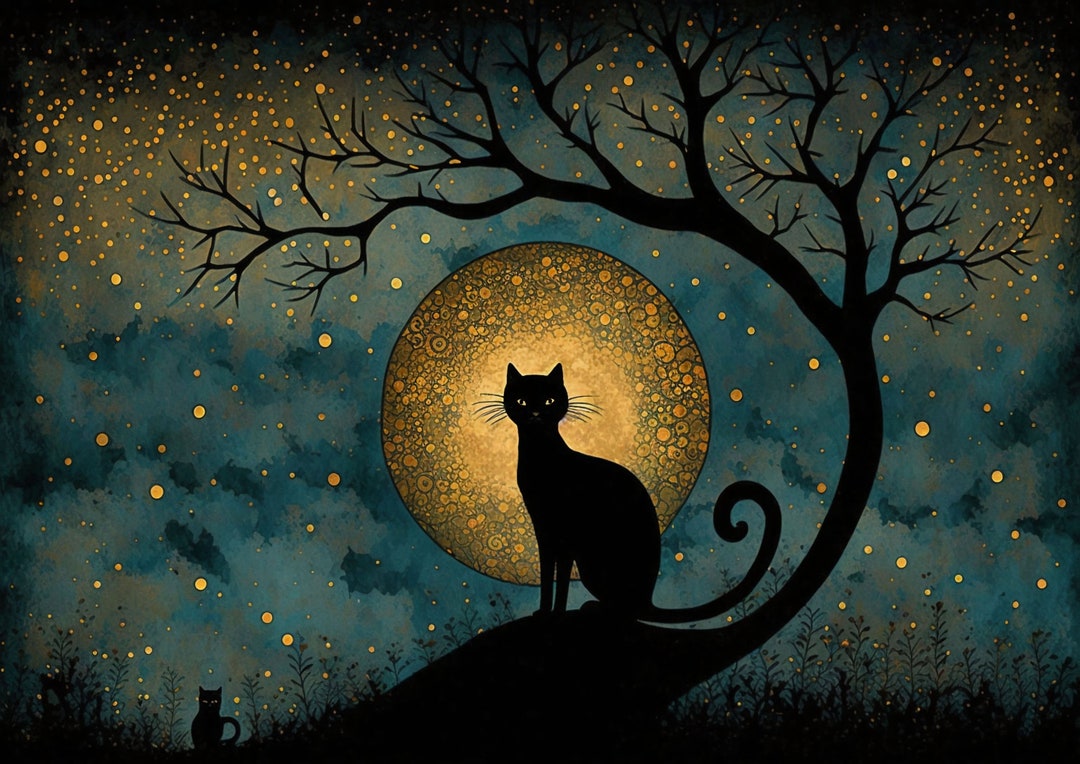Magic Moon Cat Art Print Printable Cat Lovers T Magical Cottagecore Cat Colourfull Wall Art