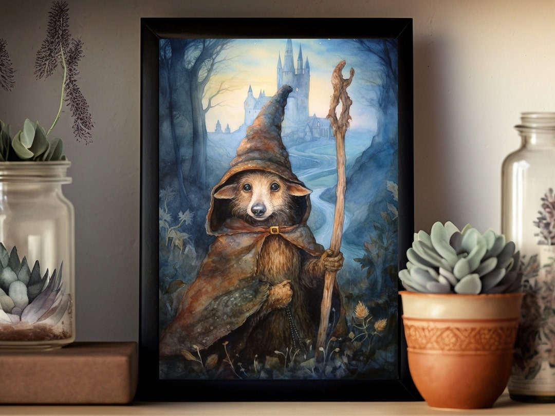 Whimsical Dog Art Print Instant Download, Printable Fantasy Wizard Art ...