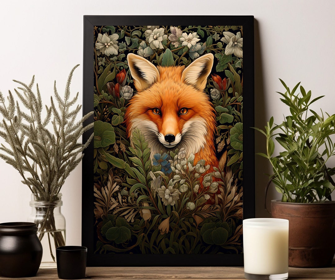 William Morris Inspired Fox in Flowers Printable Wall Art, Cottagecore ...
