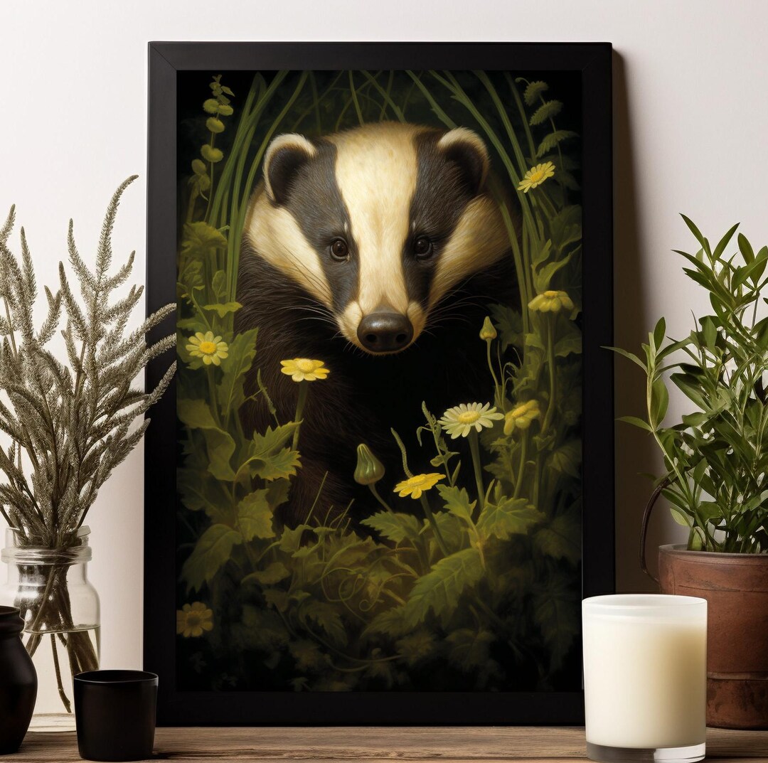 Night Badger in Yellow Wild Flowers Printable Art, Dark Cottagecore ...