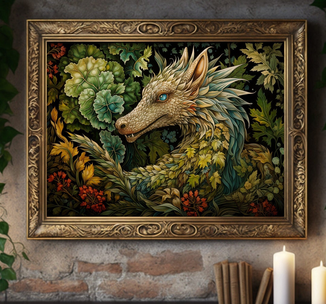 William Morris Inspired Fantasy Floral Forest Dragon Printable Wall Art ...