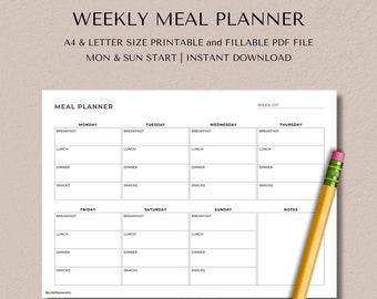 Printable Weekly Meal Planner Landscape, Food Diary, Meal Tracker, Food ...