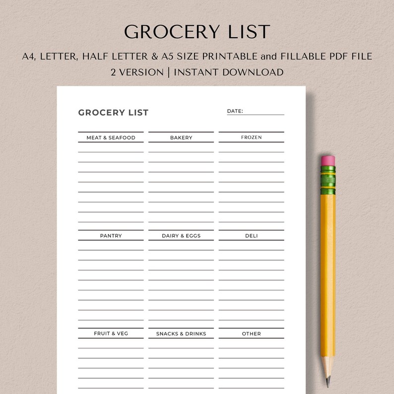 Grocery List Printable Template, Food Shopping List, Grocery Planner ...