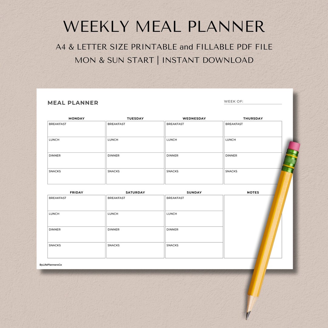 Weekly Meal Planner Landscape Printable, Weekly Meal Prep Planner, Meal ...