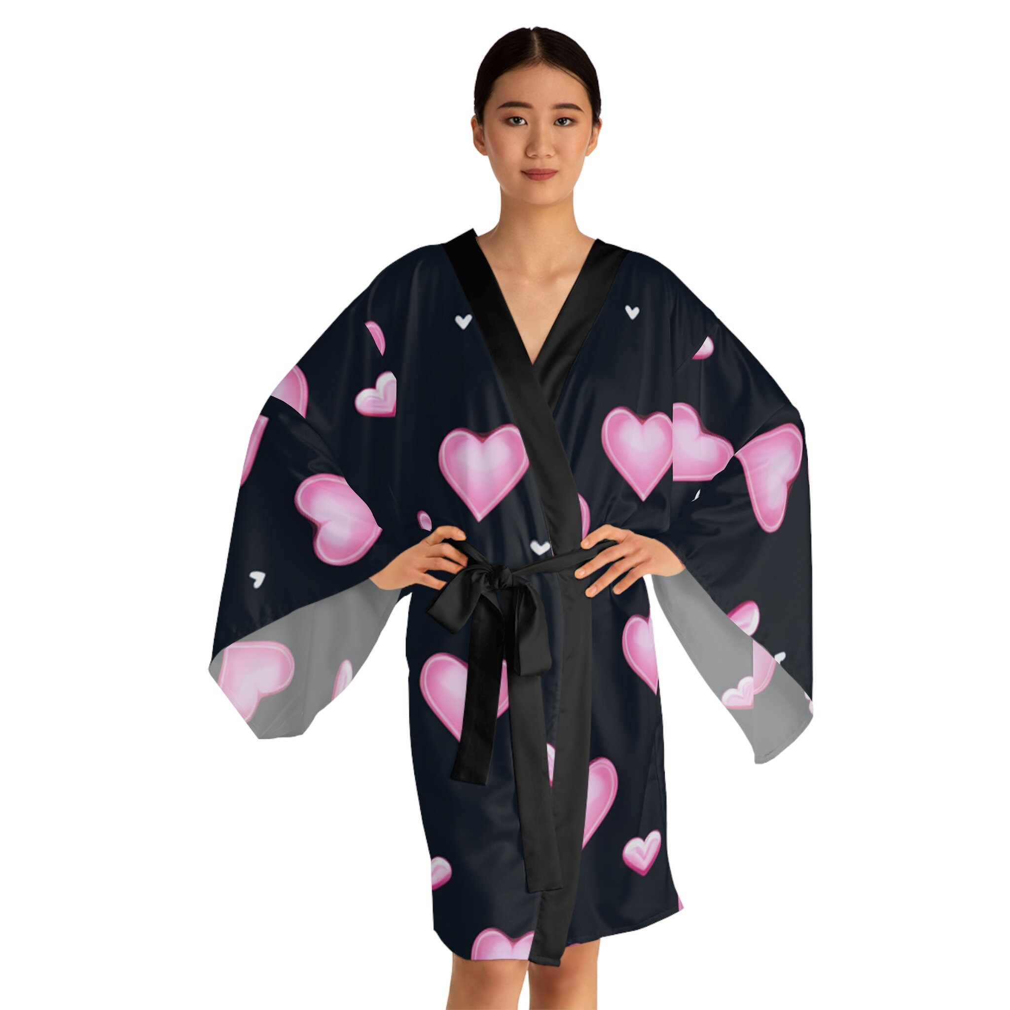 Black Short Robe With Pink Neon Hearts, Women's Valentine's Day Robe ...