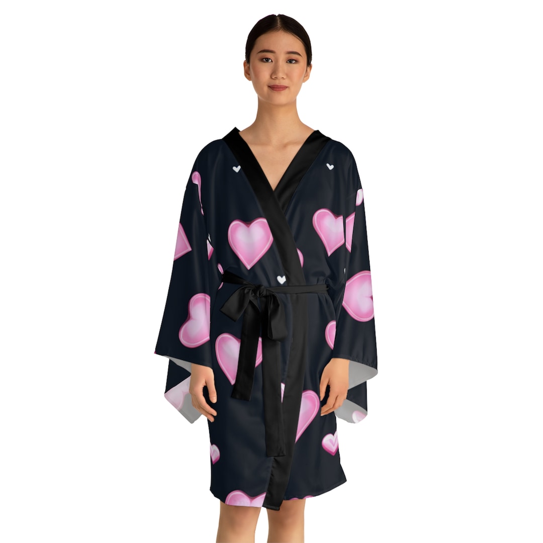 Black Short Robe With Pink Neon Hearts, Women's Valentine's Day Robe ...