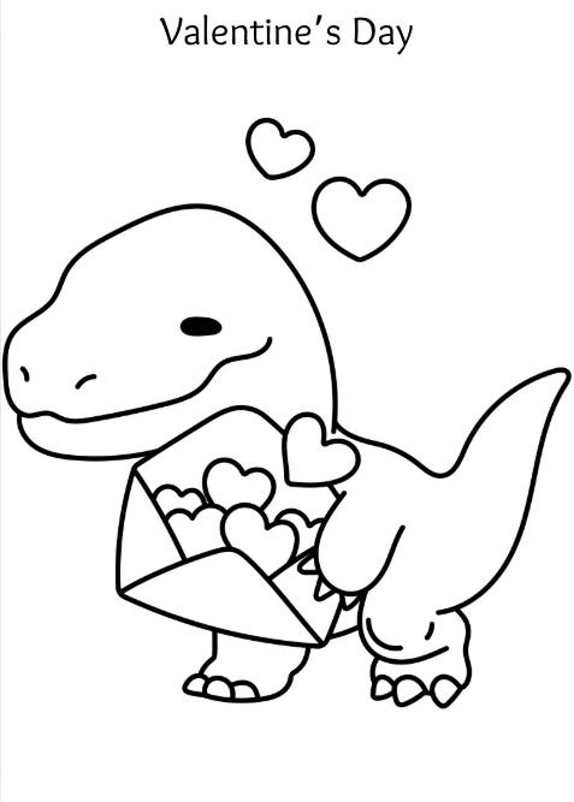 Valentine's Day Dinosaur Coloring Page, Valentine's Day Digital ...