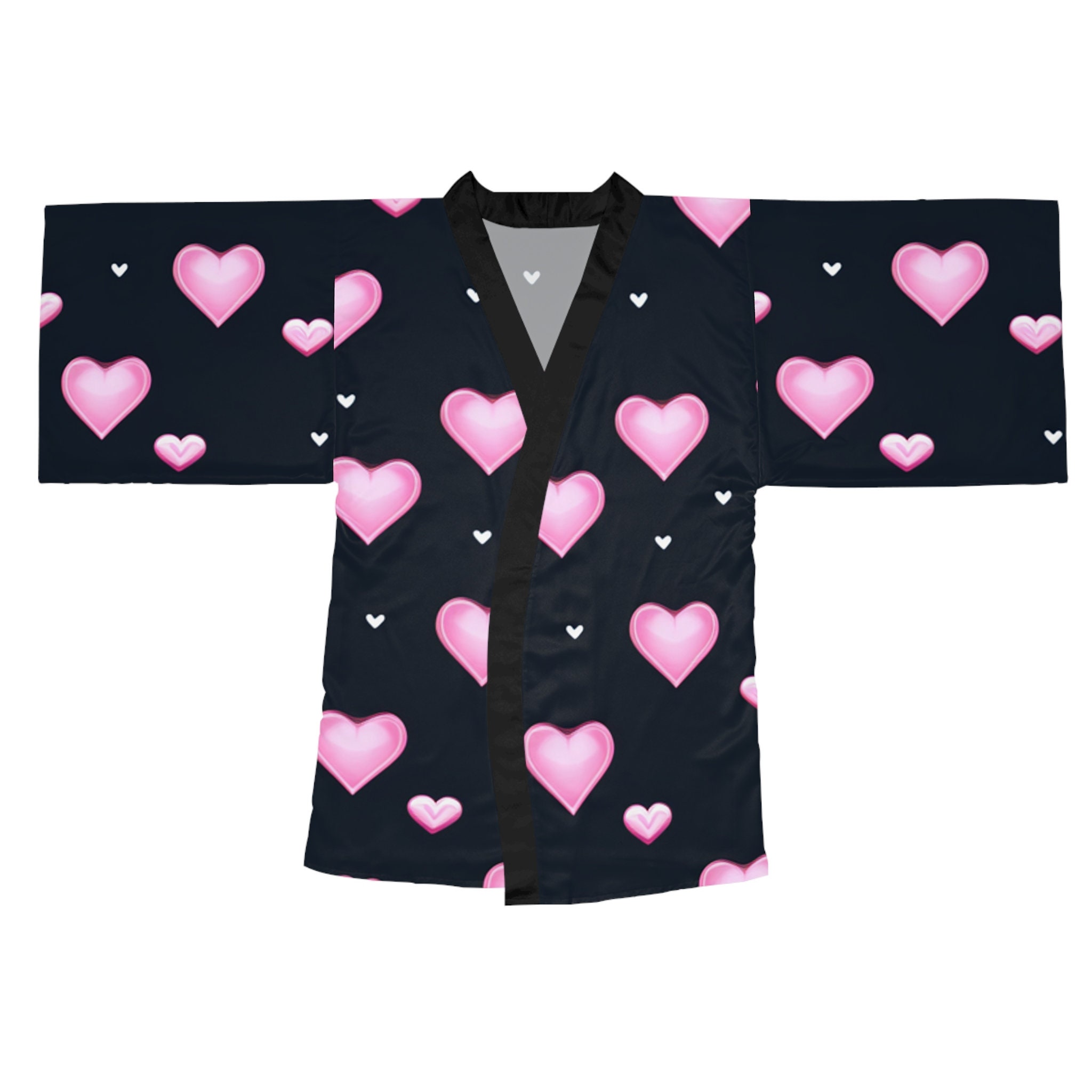 Black Short Robe With Pink Neon Hearts, Women's Valentine's Day Robe ...