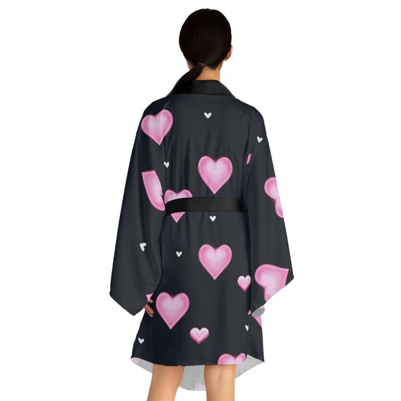 Black Short Robe With Pink Neon Hearts, Women's Valentine's Day Robe ...