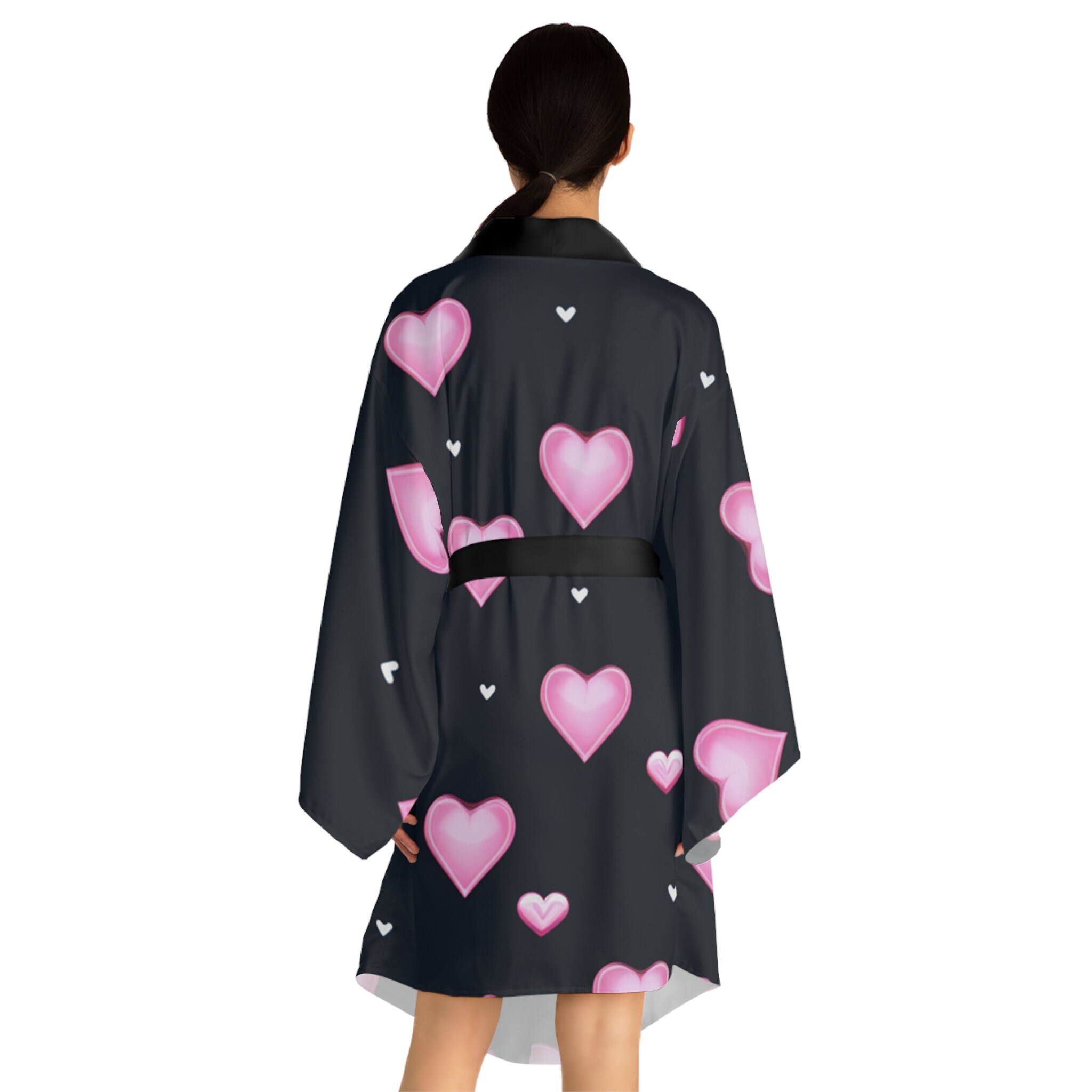 Black Short Robe With Pink Neon Hearts, Women's Valentine's Day Robe ...