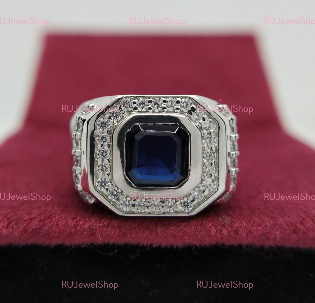 1.50 Ct Asscher Cut Sappire Mens Ring, Silver Solitaire Engagement Ring ...