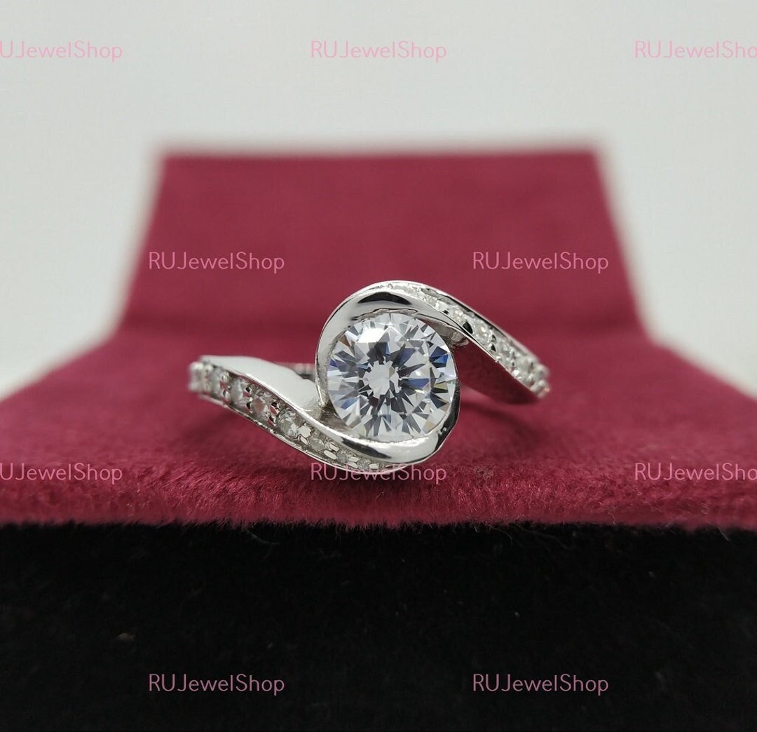1.70 Ct Swirl Bypass Diamond Ring, Round Moissanite Engagement Ring in ...