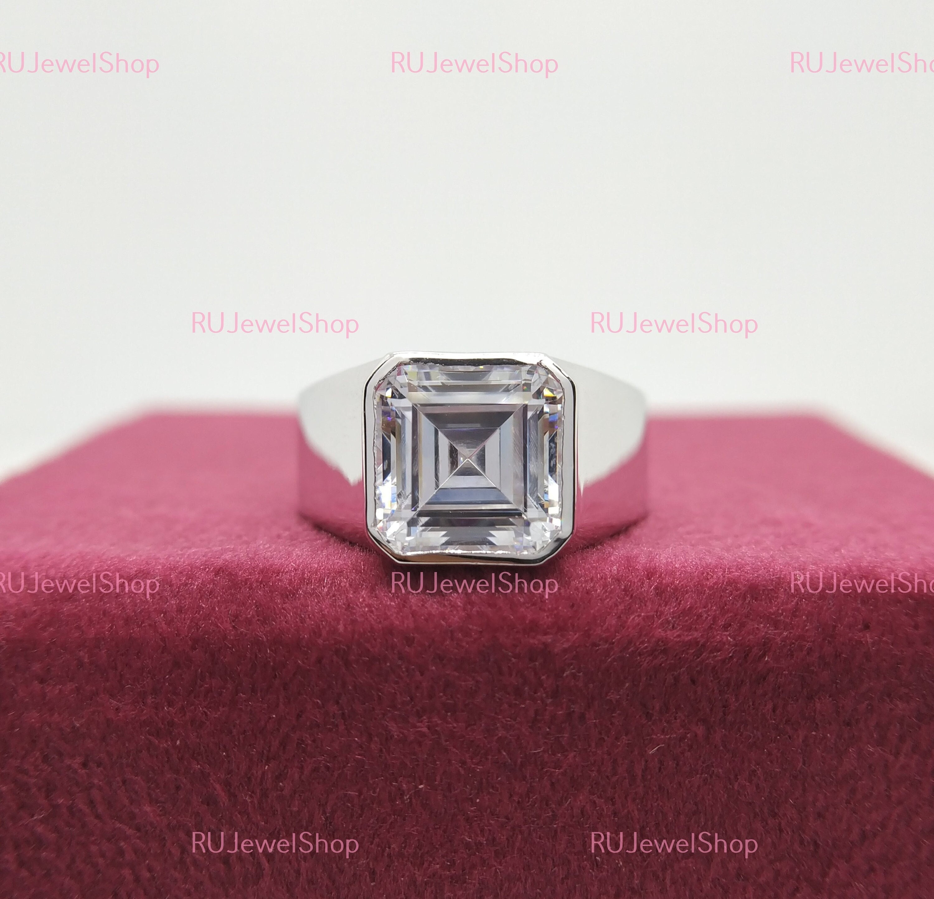 4.00 Ct Asscher Cut Moissanite Mens Ring, Silver Solitaire Engagement Ring, Bezel Set Men's Ring ...