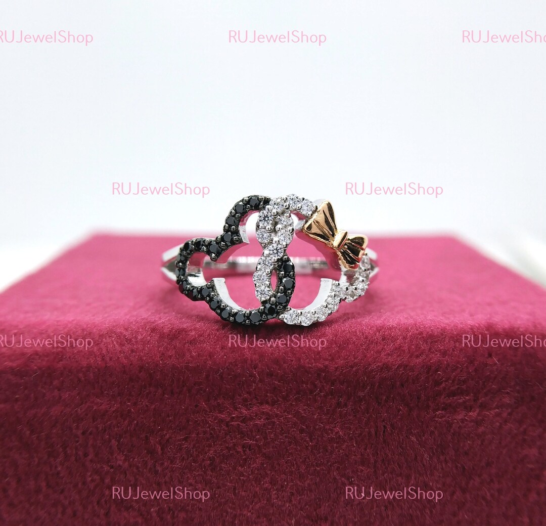 Two Tone Mickey Mouse & Minnie Mouse Rings, 1.00 Cts Diamond and Onyx ...