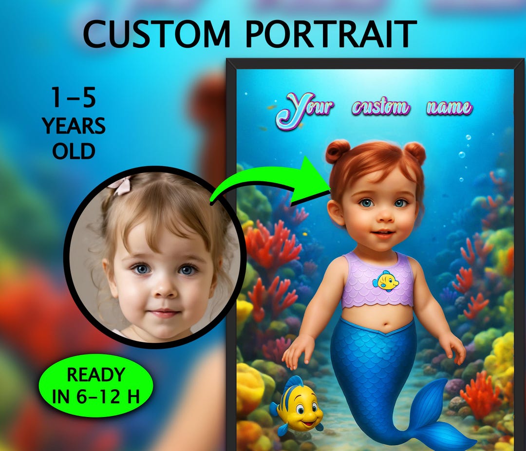 Personalized Baby Mermaid Princess 3D Portrait - Custom Nursery Art ...