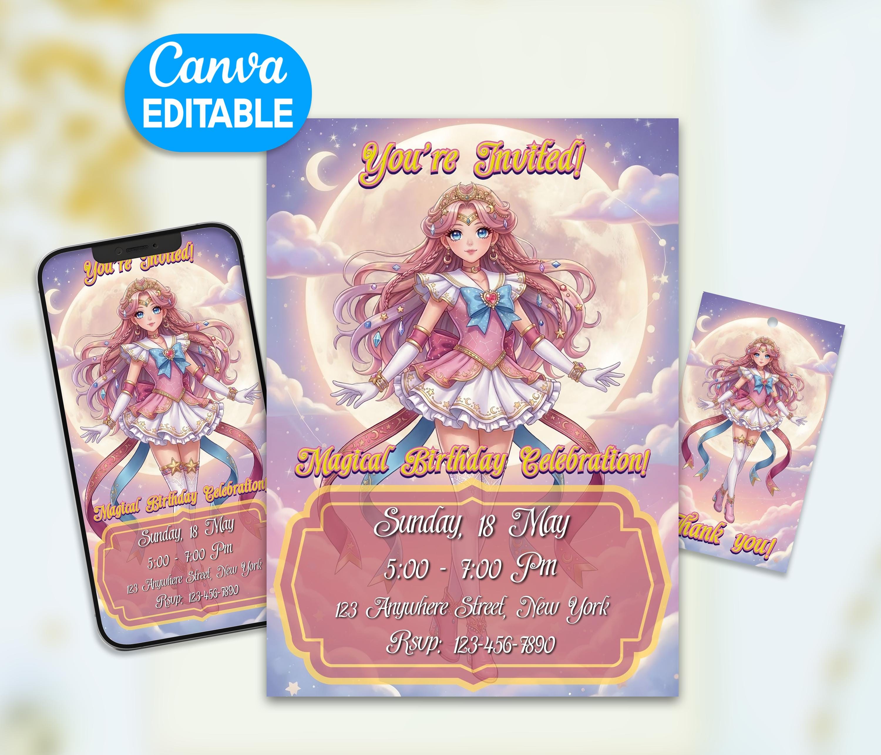 Magical Anime Birthday Invitation Bundle Editable in Canva, Party ...