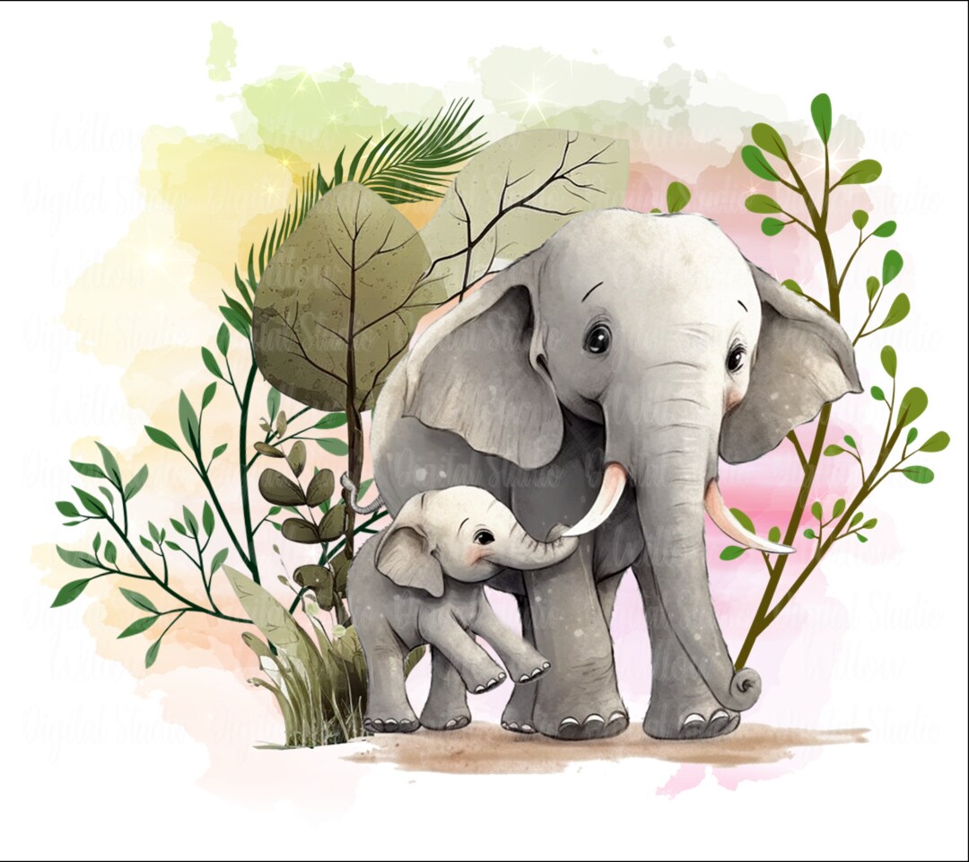 Cute Mummy & Baby Elephant Nature Digital Design Download ~ Sublimation ...