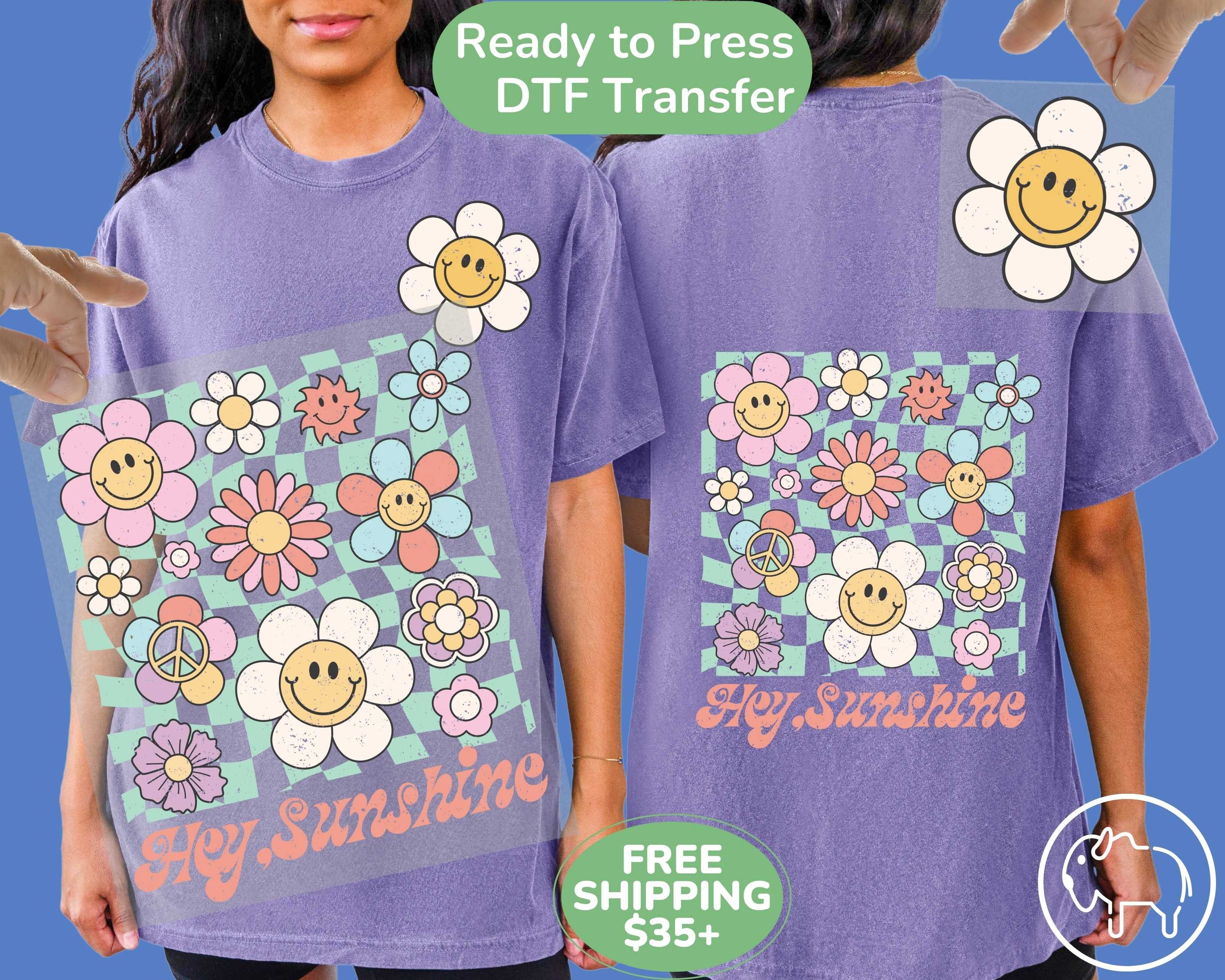 Retro hey Sunshine Direct to Film Transfers, Cute Front & Back Ready to Press DTF, Trendy Summer ...