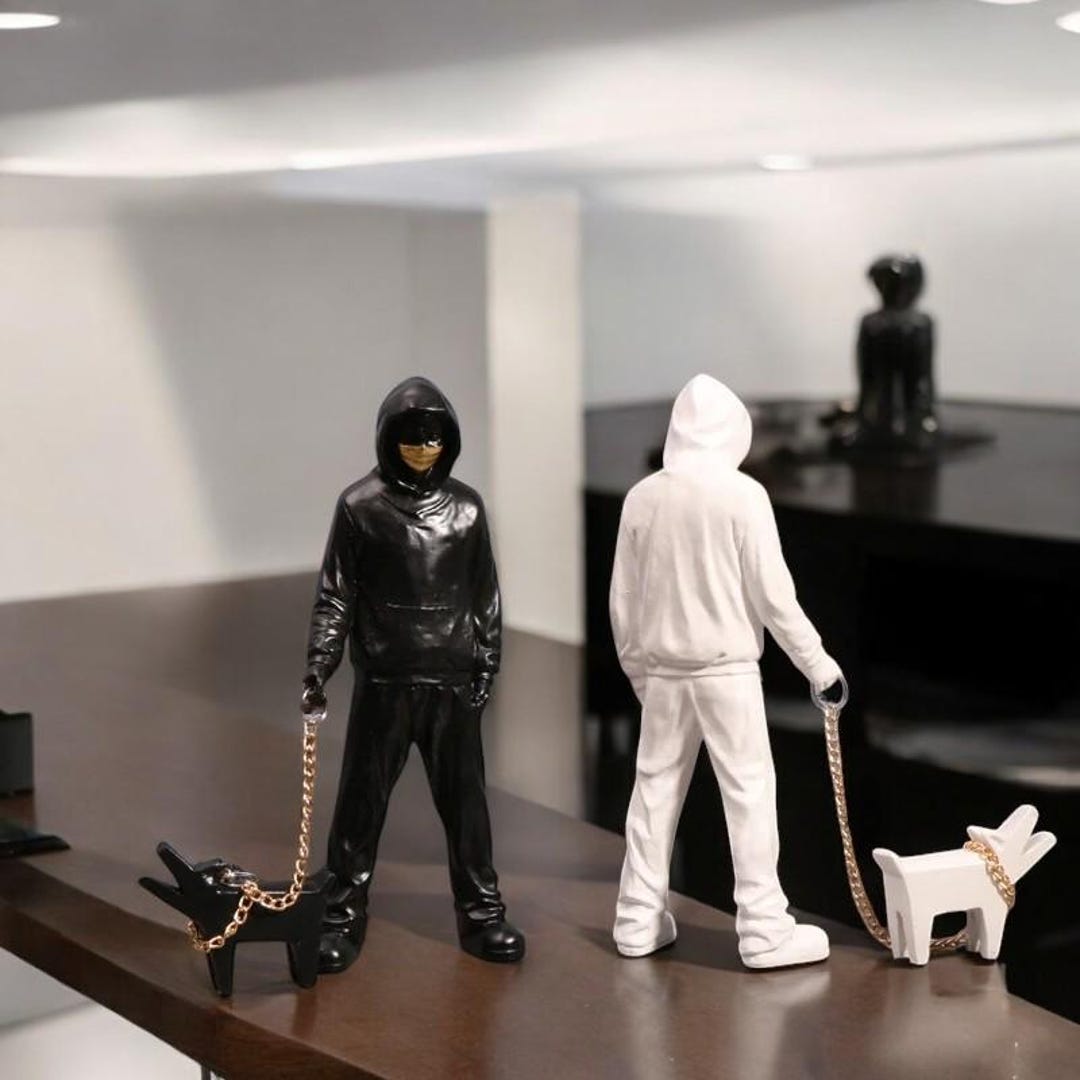 Banksy Art Sculpture of Trendy Man With White Dogs - Unique Ornaments ...