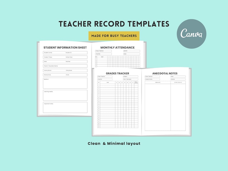 Teacher Record Templates | Editable Canva Teacher Planner | Attendance ...