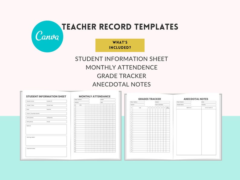 Teacher Record Templates | Editable Canva Teacher Planner | Attendance ...