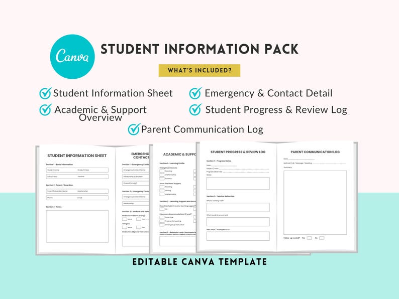 Teacher Student Information Pack – Editable Canva Template for Teachers ...
