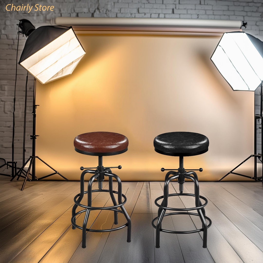 Industrial Swivel Bar Stools, Round Counter Stools, Vintage Leather Bar ...