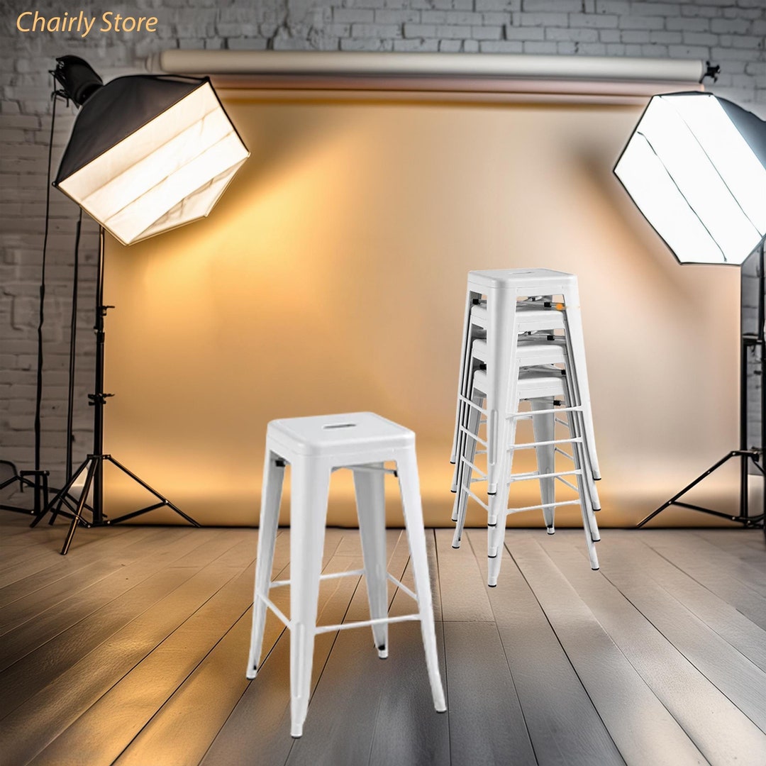 White Bar Stools Set of 4, Metal Counter Stools, 24'' Backless ...