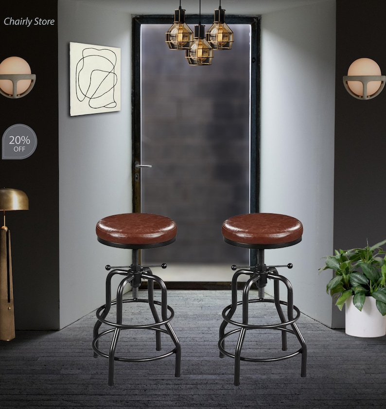 Industrial Swivel Bar Stools, Round Counter Stools, Vintage Leather Bar ...