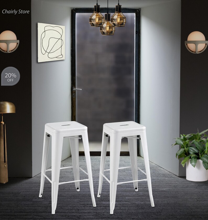 White Bar Stools Set of 4, Metal Counter Stools, 24'' Backless ...