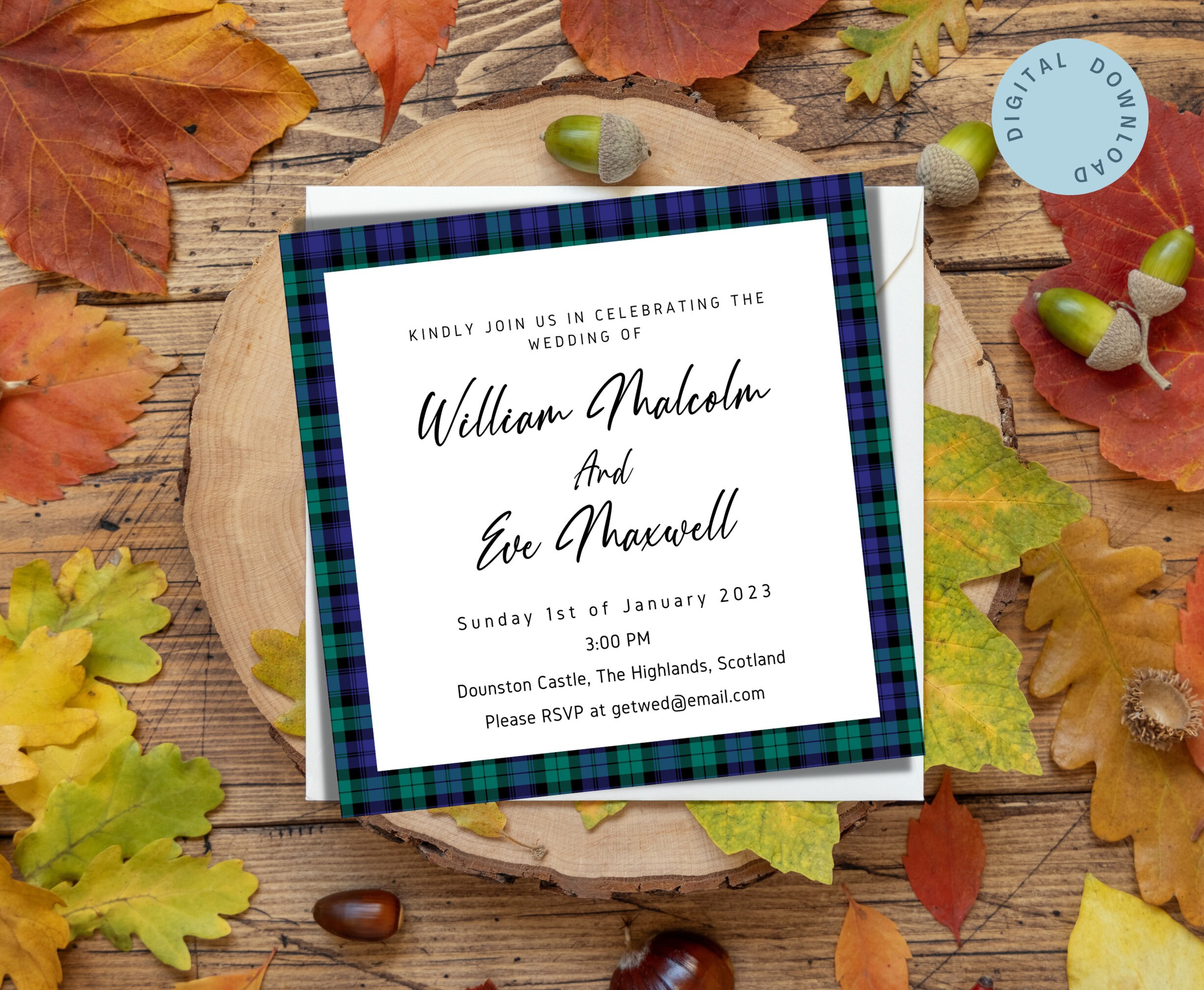 Modern Black Watch Tartan Square Wedding Invitations, Tartan Wedding ...
