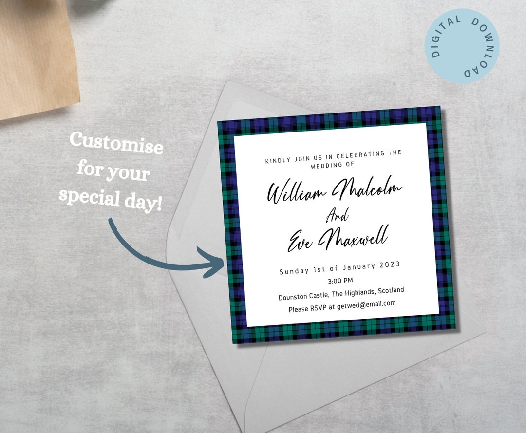 Modern Black Watch Tartan Square Wedding Invitations, Tartan Wedding ...