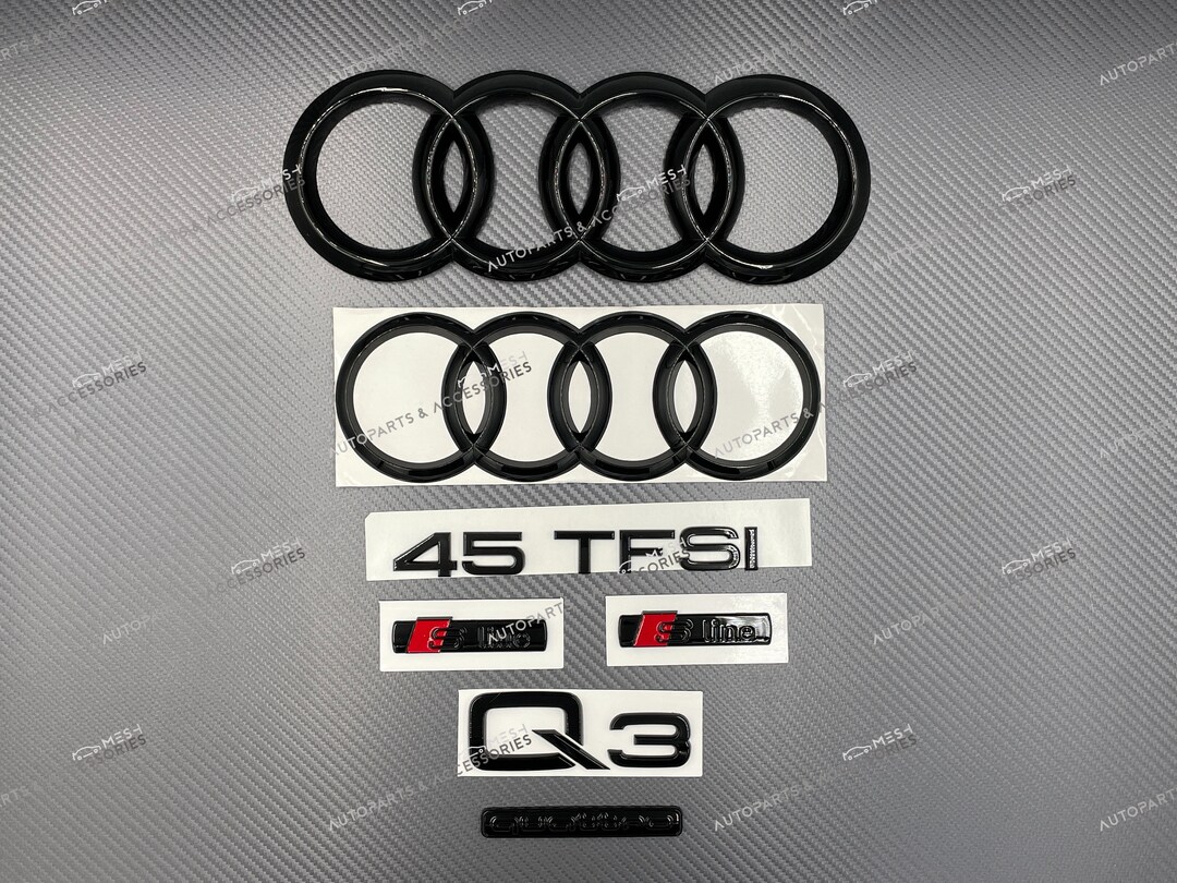 Audi Q3 Gloss Black Full Emblem Badge Set – Front & Rear Rings, Q3 ...