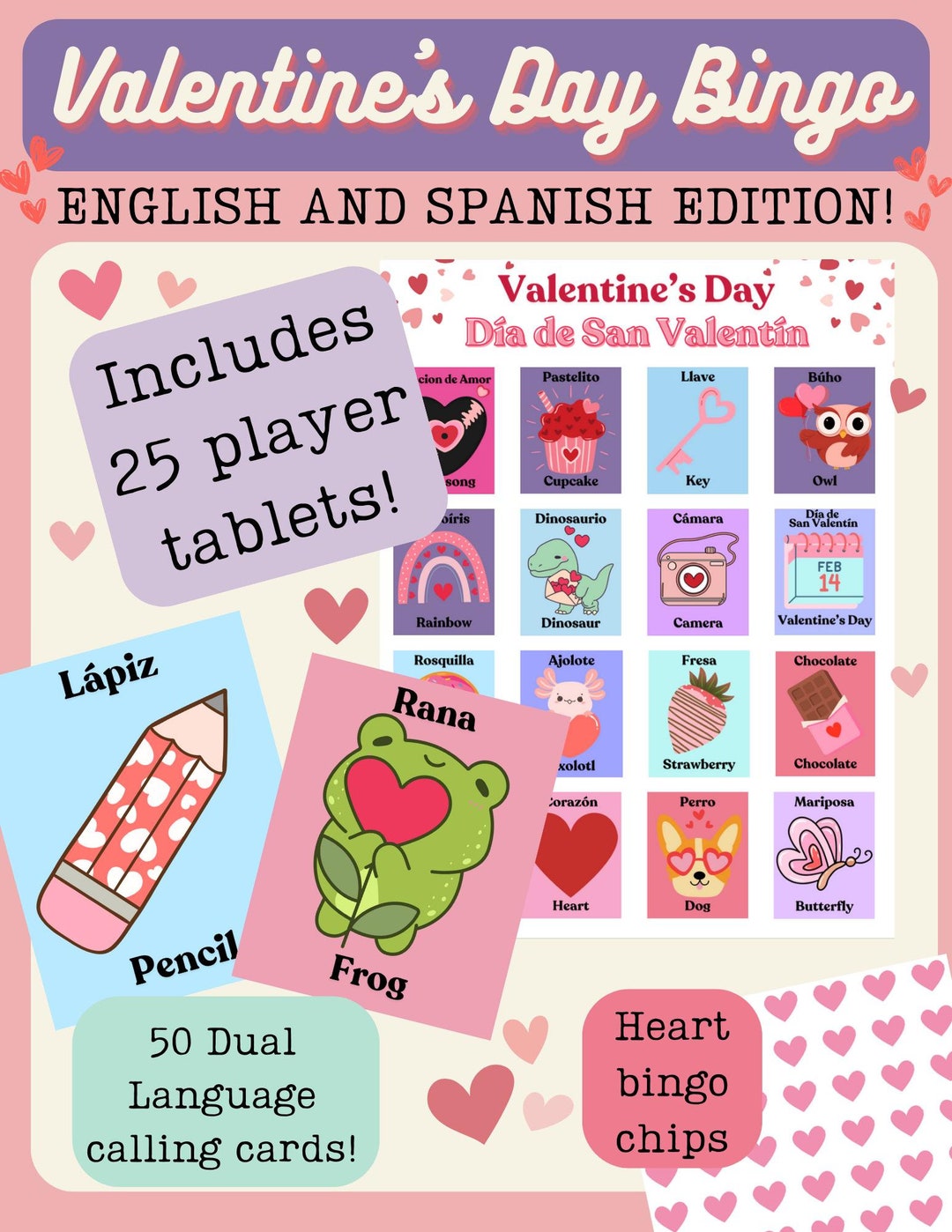 Valentine's Day Día De San Valentín Bingo Game Dual Language English ...