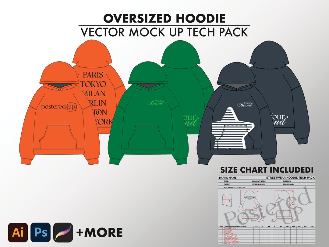 Streetwear Oversized Hoodie Vector Tech Pack Template Illustrator ...