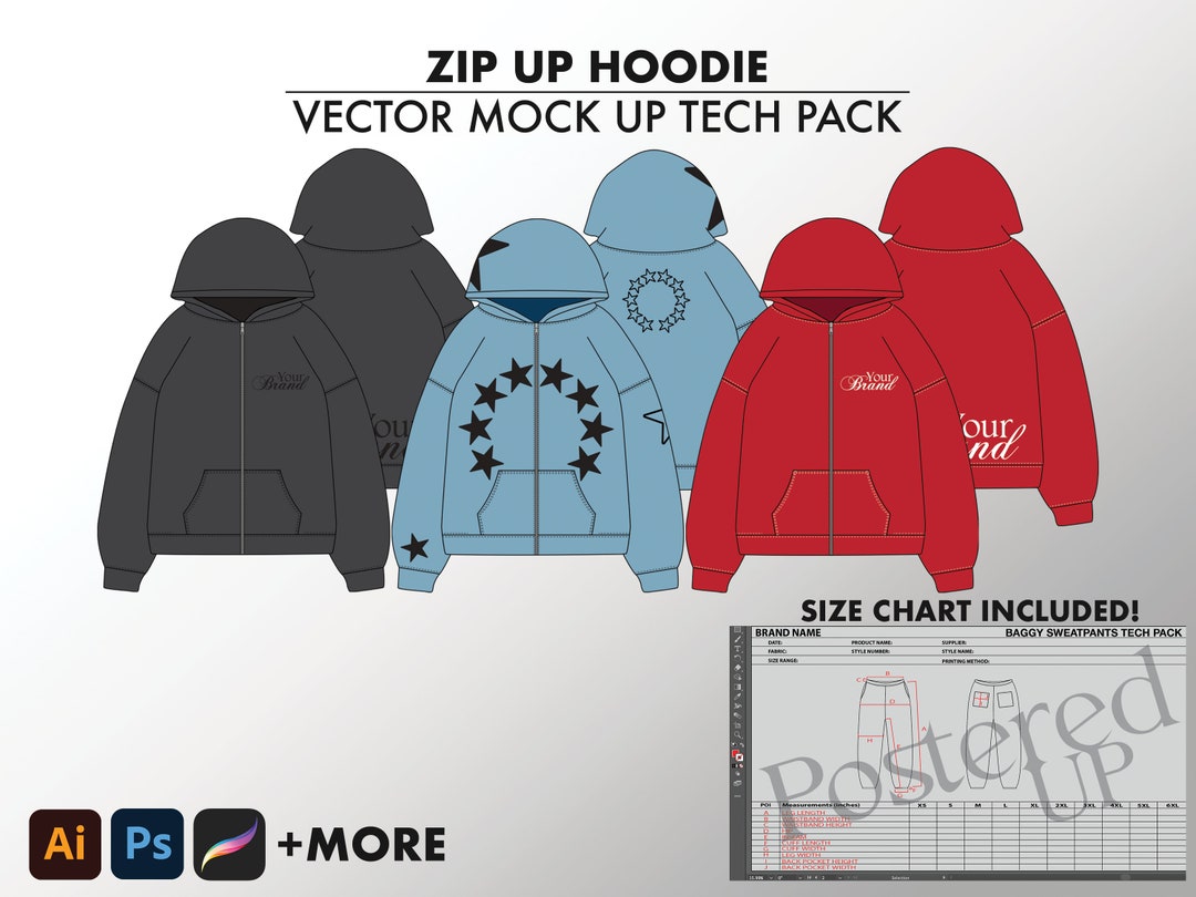 Procreate Zip up HOODIE MOCKUP VECTOR Tech Pack Designs Template ...