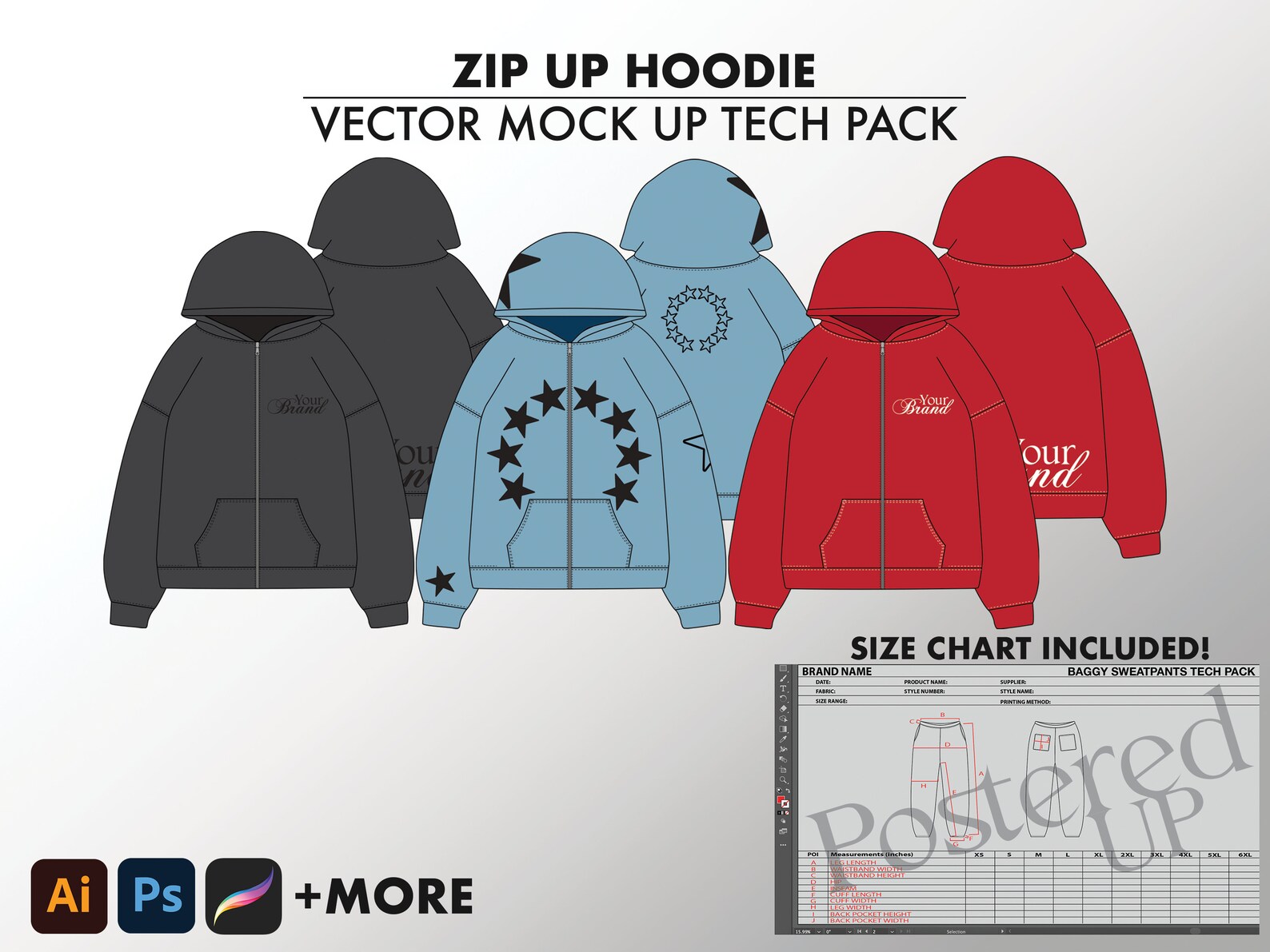 Procreate Zip up HOODIE MOCKUP VECTOR Tech Pack Designs Template ...