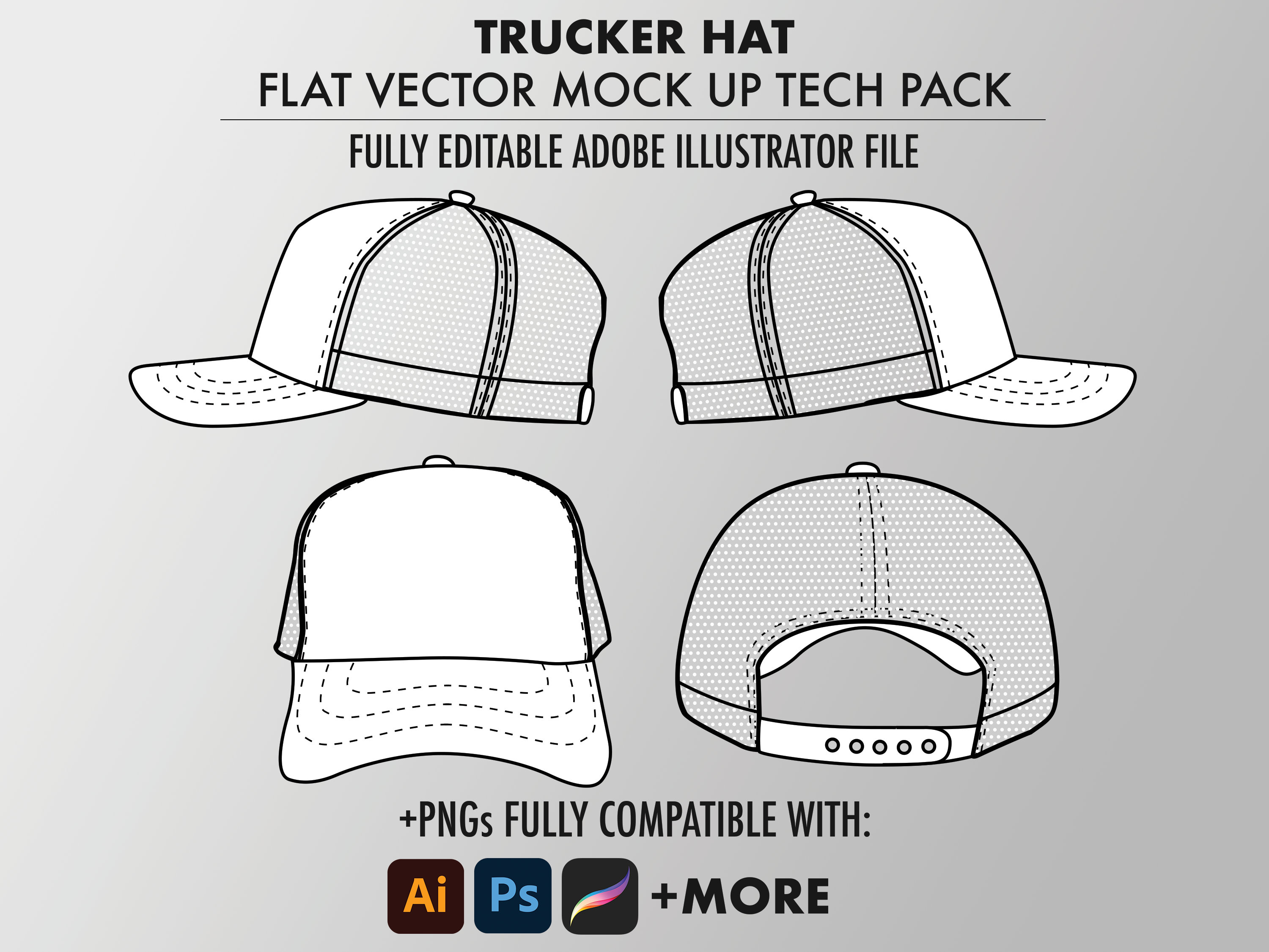 Trucker Hat Vector Mockup Template Adobe Illustrator Tech Pack Trucker ...