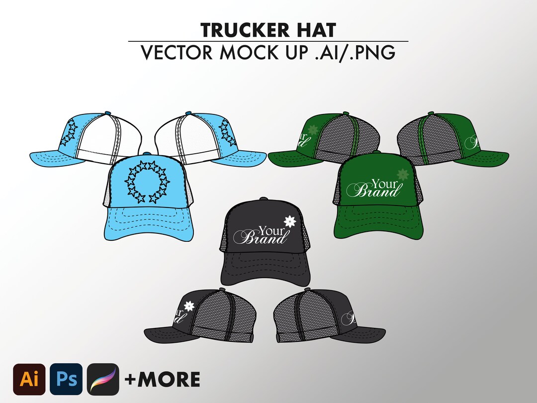 Trucker Hat Vector Mockup Template Adobe Illustrator Tech Pack Trucker ...