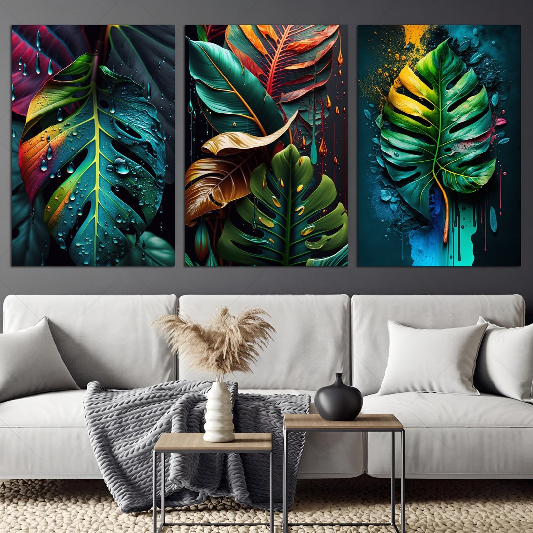 3 Piece Leaf Canvas Art Set, Modern Leaves Wall Art, Vivid Leaf Wall ...