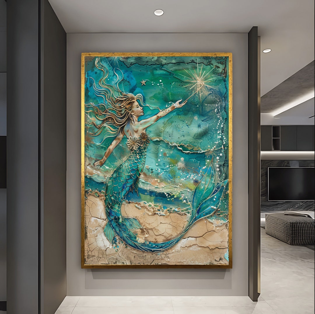 Mermaid Painting Mermaid Poster Mermaid Artwork Mythical Creatures Wall ...