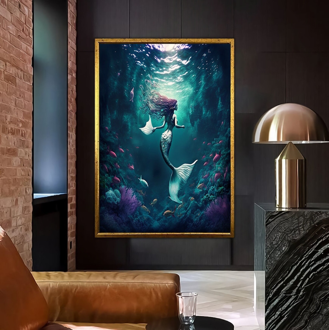 Mermaid in Water, Fishes and Mermaid Canvas Wall Art, Mermaid Canvas ...