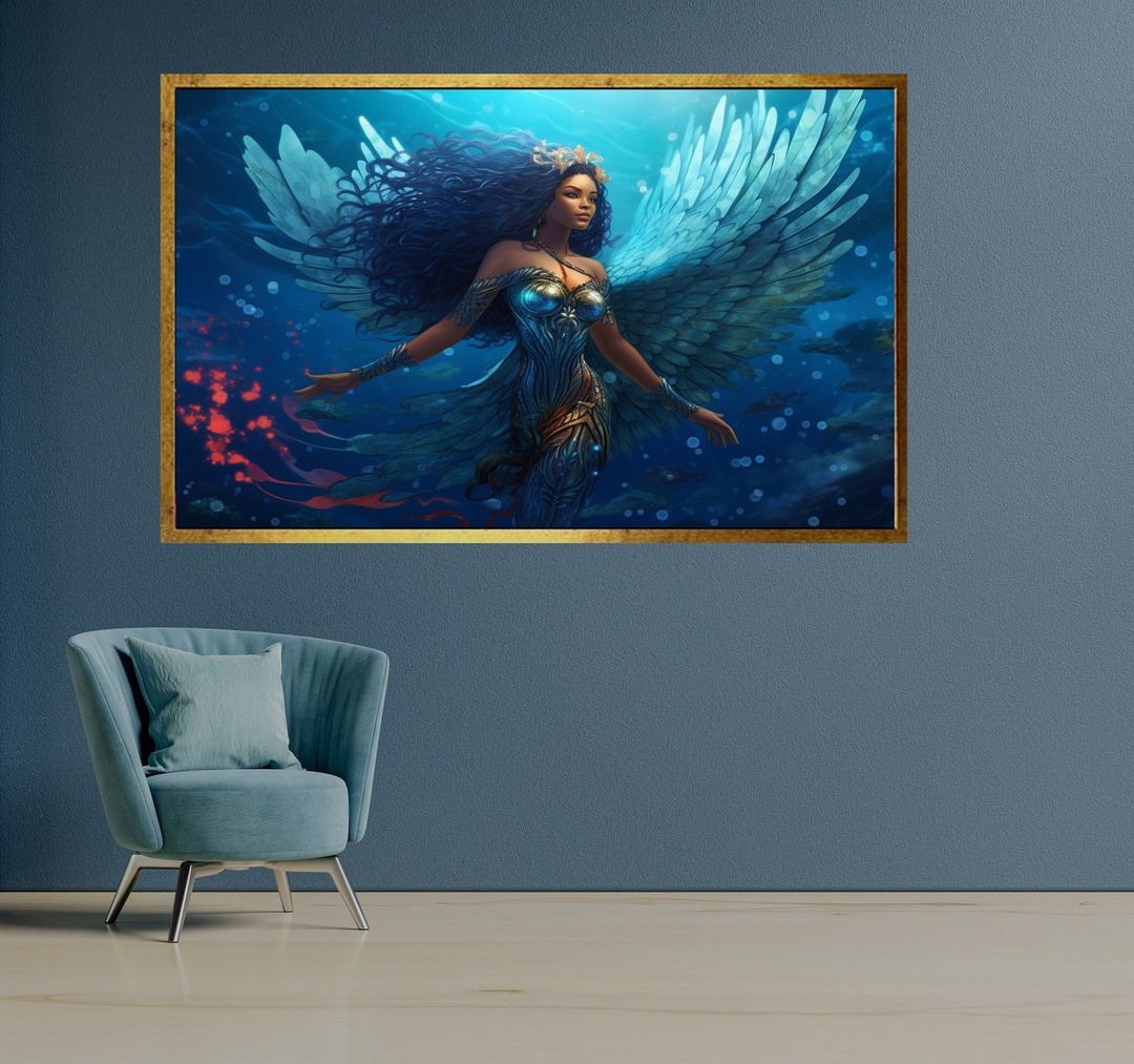 African Mermaid, Blue and Black Woman Mermaid Canvas Painting, Mermaid ...