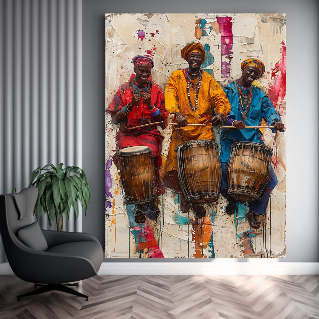 African Drummers Painting Colorful and Energetic Wall Decoration Ethnic ...