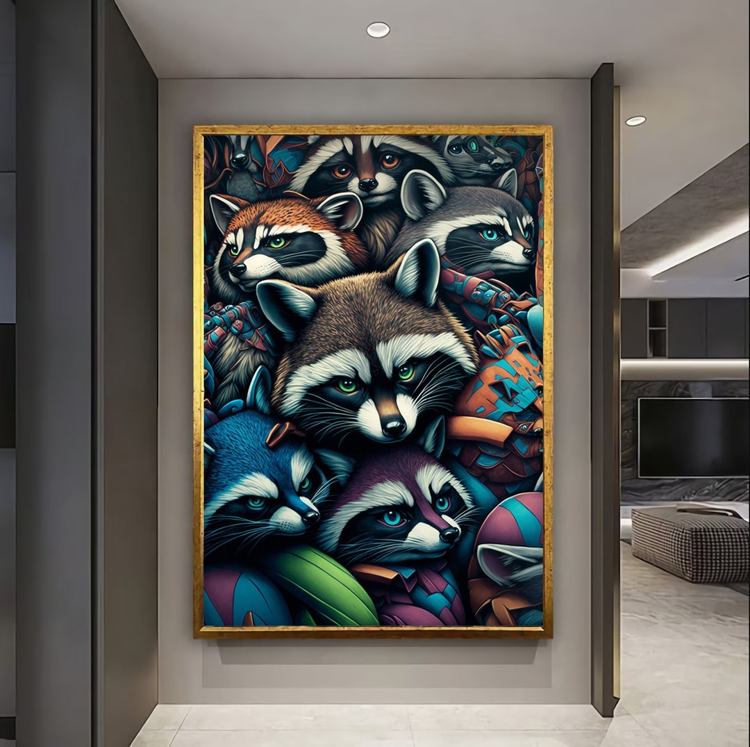 Raccoons Wall Decor, Colorful Raccoon Heads Canvas Wall Decor, Cute ...